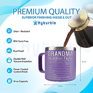 Hyturtle Grandma Nutritional Facts Coffee Purple Mug/Tumbler 14oz Gift For Women, Mothers Day Gifts For Grandma From Granddaughter, Grandson, Kids - Birthday, Christmas Gift Ideas For Grandma
