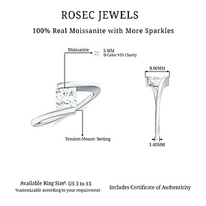 Rosec Jewels Certified Moissanite Solitaire Promise Ring, D-VS1 Quality, 5 MM Princess Cut Engagement Ring For Women, 14K Yellow Gold, Size:US 6.00