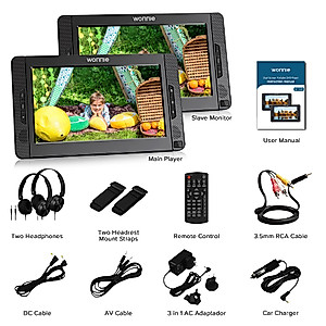 Wonnie 10.5inch Dual Portable DVD Player for Car, Headrest Kids CD Players with Two Headphones Built-in 5 Hours Rechargeable Battery, Support USB/SD/MMC,Regions Free,AV Out & in ( 1 Player+1 Monitor )
