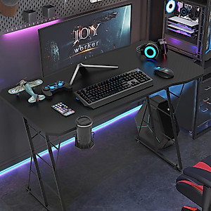 JOY worker Gaming Desk with LED Lights, 47 Inch Gamer Desk Carbon Fiber Desktop, Game Desk with Cup Holder, Home Office Gaming Room Workstation, Black