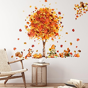 Cholemy 3 Sheets Thanksgiving Wall Stickers Thanksgiving Wall Decals Harvest Pumpkin Maple Leaf Tree Wall Decoration Fall Window Sticker Removable Farmhouse Wallpaper for Living Room Bedroom