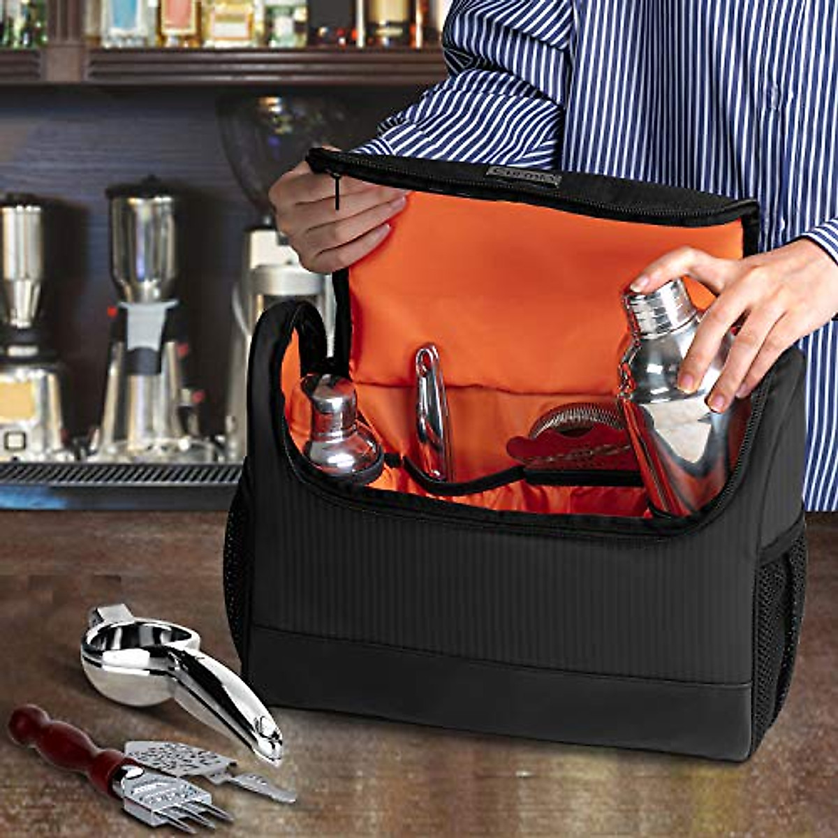 CURMIO Bartender Kit Bag, Portable Travel Carrying Bag with Rubber Handle for Bar Tools Set, Perfect for Home Indoor Outdoor Patio Party, Black (Bag ONLY, Patent Pending)