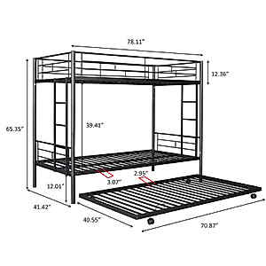 CALABASH Twin Over Twin Metal Bunk Bed with Trundle Heavy Duty Twin Size Bunk Beds Frame with 2 Side Ladders,Bunkbed with Safety Guardrails for Adults,Boys,Girls (New Black)
