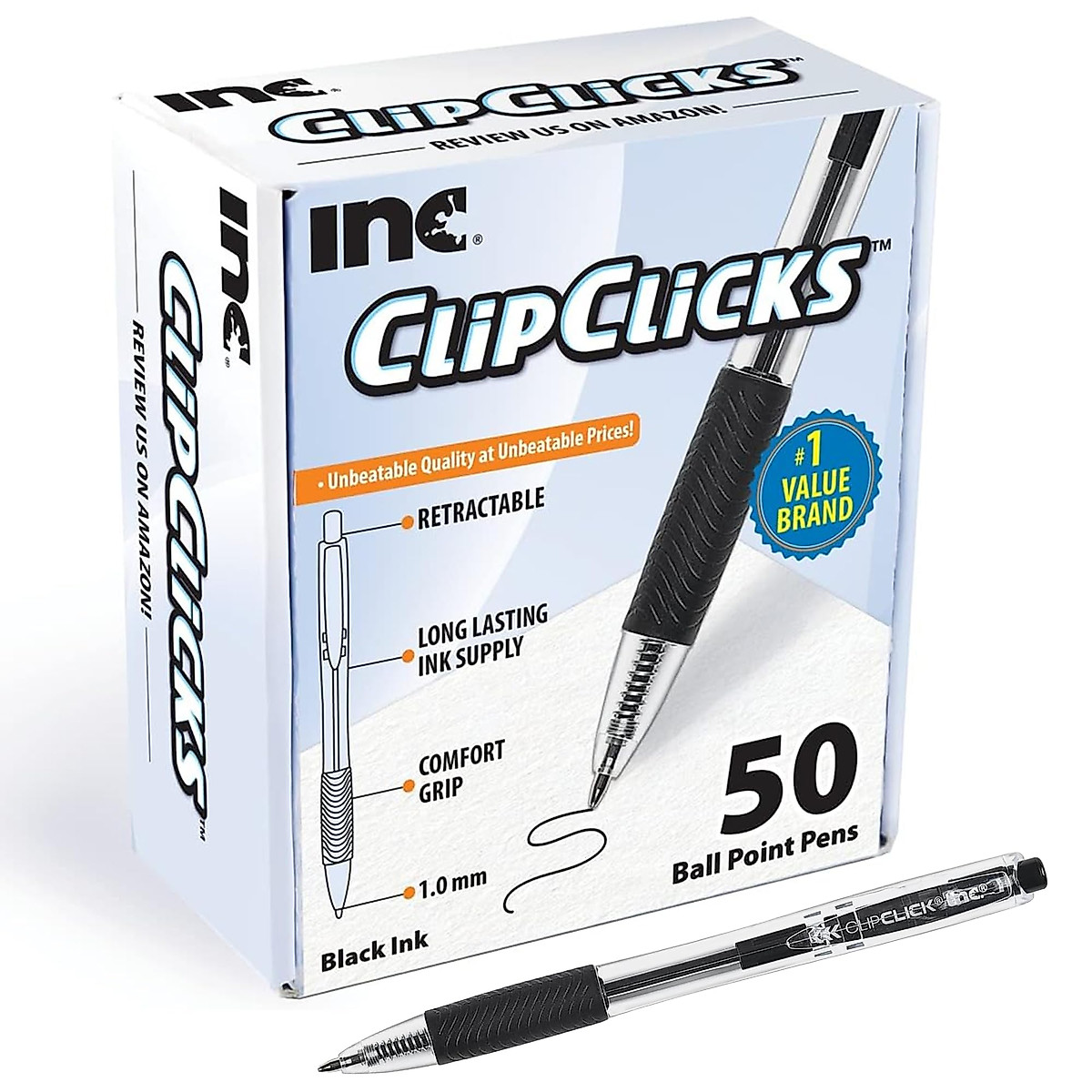 Inc. ClipClicks Retractable Ballpoint Pens - Bulk 1.0-mm Medium-Point Pen Set With Comfort Grip for School, Office, Writing, and Journaling, 50 Count, Black
