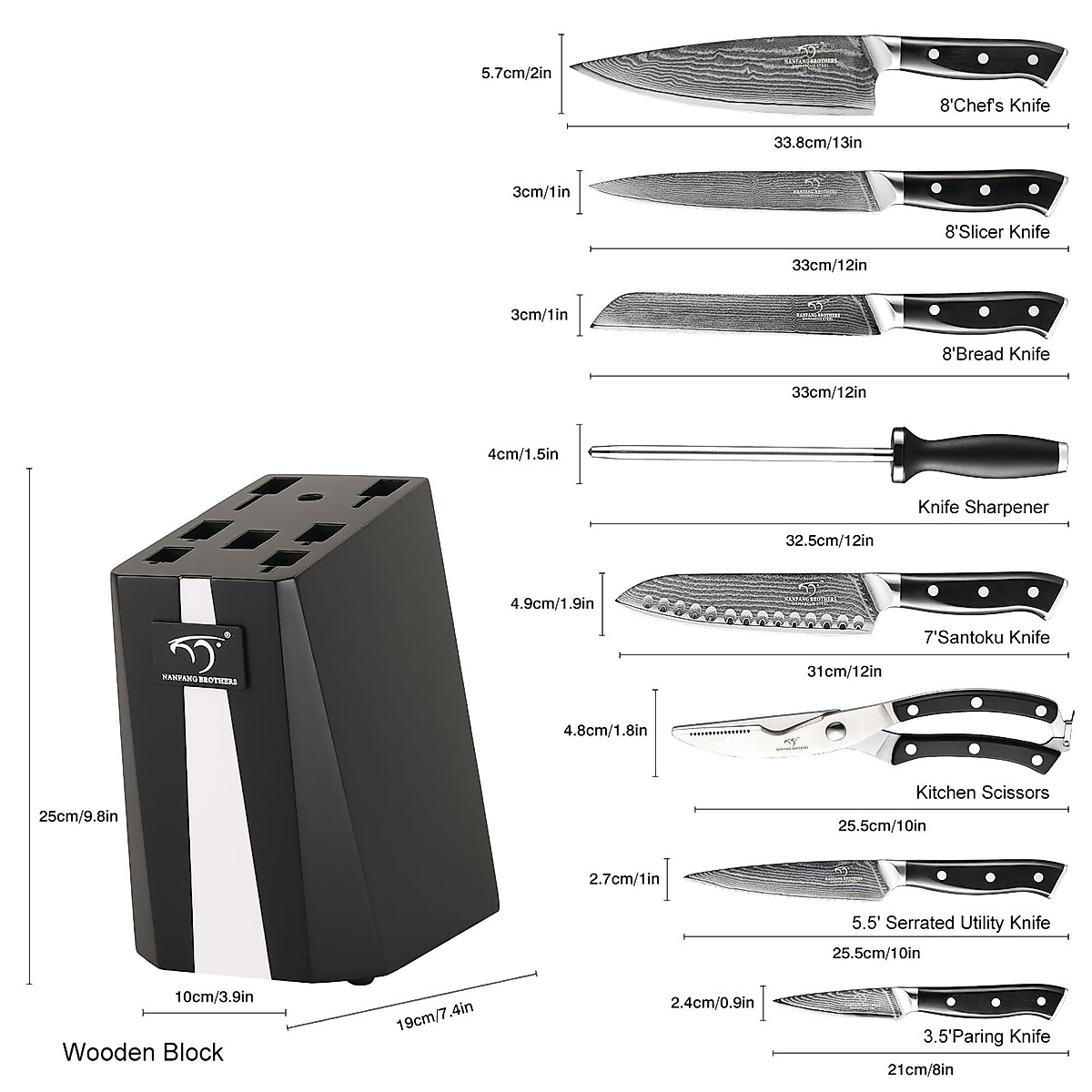 NANFANG BROTHERS Knife Set, 9 Pieces Damascus Kitchen Knife Set with Block, ABS Ergonomic Handle for Chef Knife Set, Knife Sharpener and Kitchen Shears, Knife Block Set