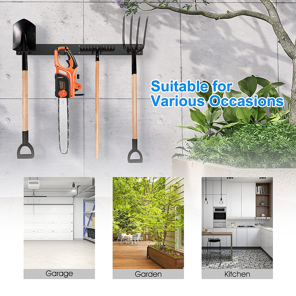 Nightcore Garage Tool Storage Rack, Wall Mounted Storage Organizer w/4 Double Layer Hooks, Heavy-duty Powder-coated Garden Tool Hanger for Rake, Shovel, Ski, Broom, Chair