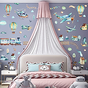 RW-KSY2 Green Airplane Hot Air Balloons Wall Decals House Tree Train Road Wall Stickers DIY Removable Countryside View Mountain Stars Cloud Decor for Kids Teens Bedroom Living Room Nursery Decoration