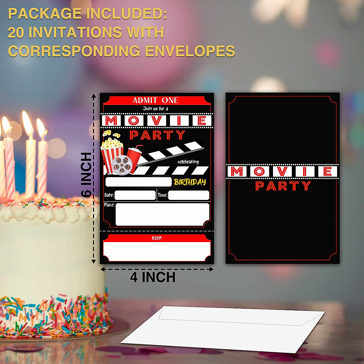 YQV Movie Night Birthday Invitations, 20-Count Birthday Party Invitations With Envelopes, Movie Ticket Style Birthday Party Decorations And Supplies-HBYQK-A15