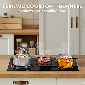 Jessier Electric Cooktop 30 Inch - 5 Burners Built-in Ceramic Cooktop, 30" Electric Stove Top with Glass Protection Metal Frame, 9 Heating Level, 8400W, 220-240V for Hard Wire(No Plug)