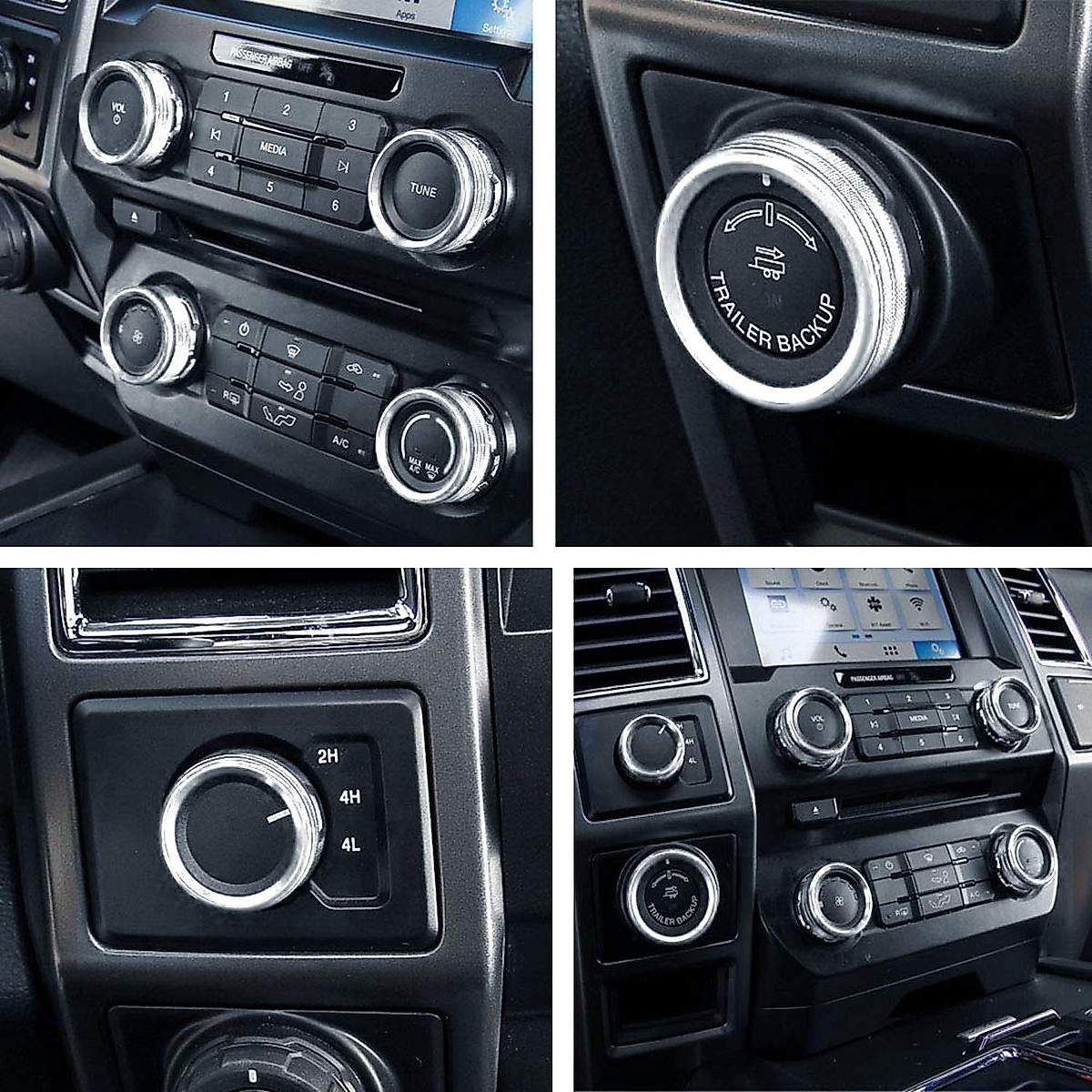 iJDMTOY 6pc-Set Silver Aluminum Air Conditioner Stereo Volume/Tune Trailer/4WD Switch Turner Covers Compatible with 2017-2020 Pre-LCI Ford SuperDuty F250 F350 F450 w/Rubber Turners