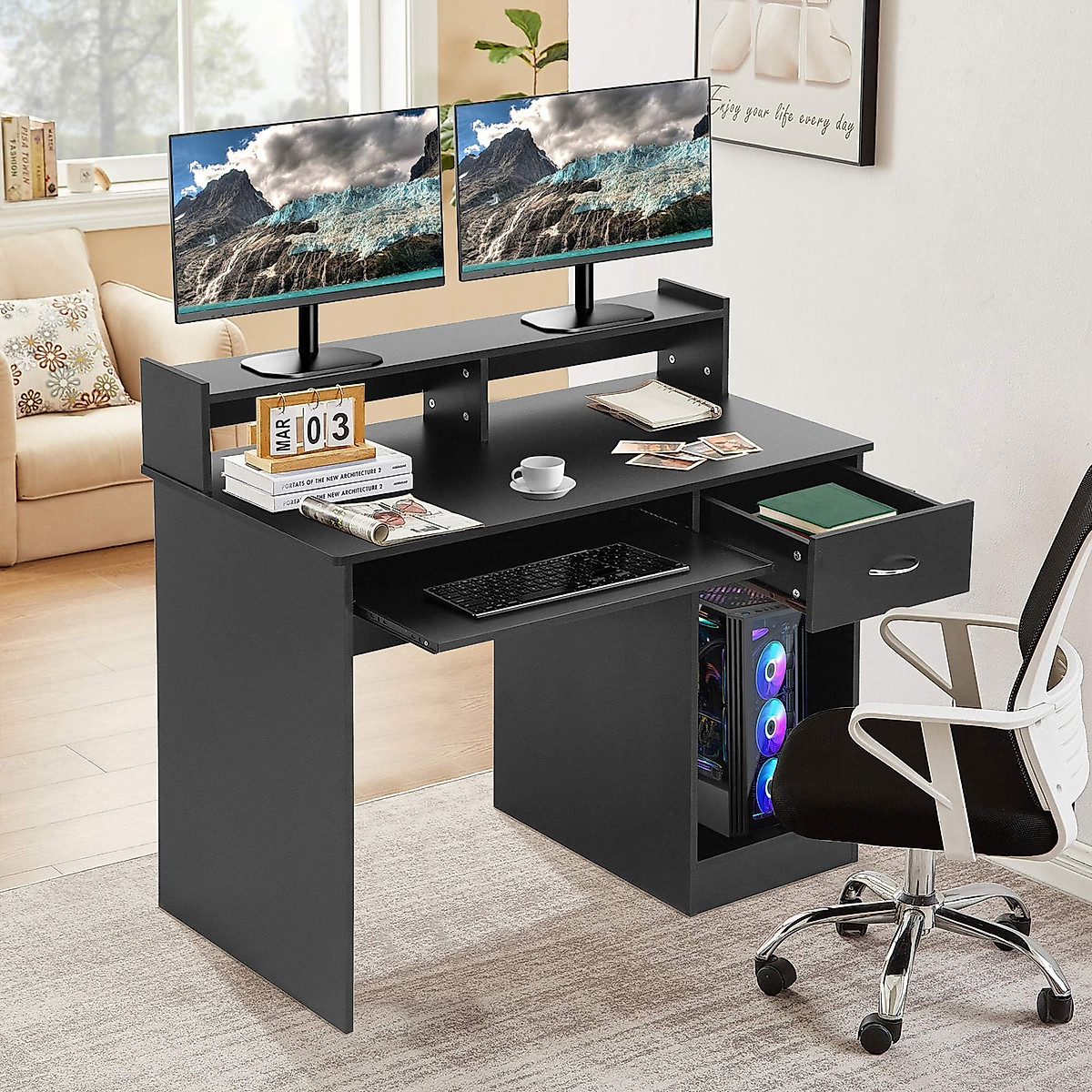 Ckofgdsue 43 inch Computer Desk with Drawers, Home Office Desk with Drawer Keyboard Tray Workstation Laptop Study Table with Shelf Small Writing Desk Black