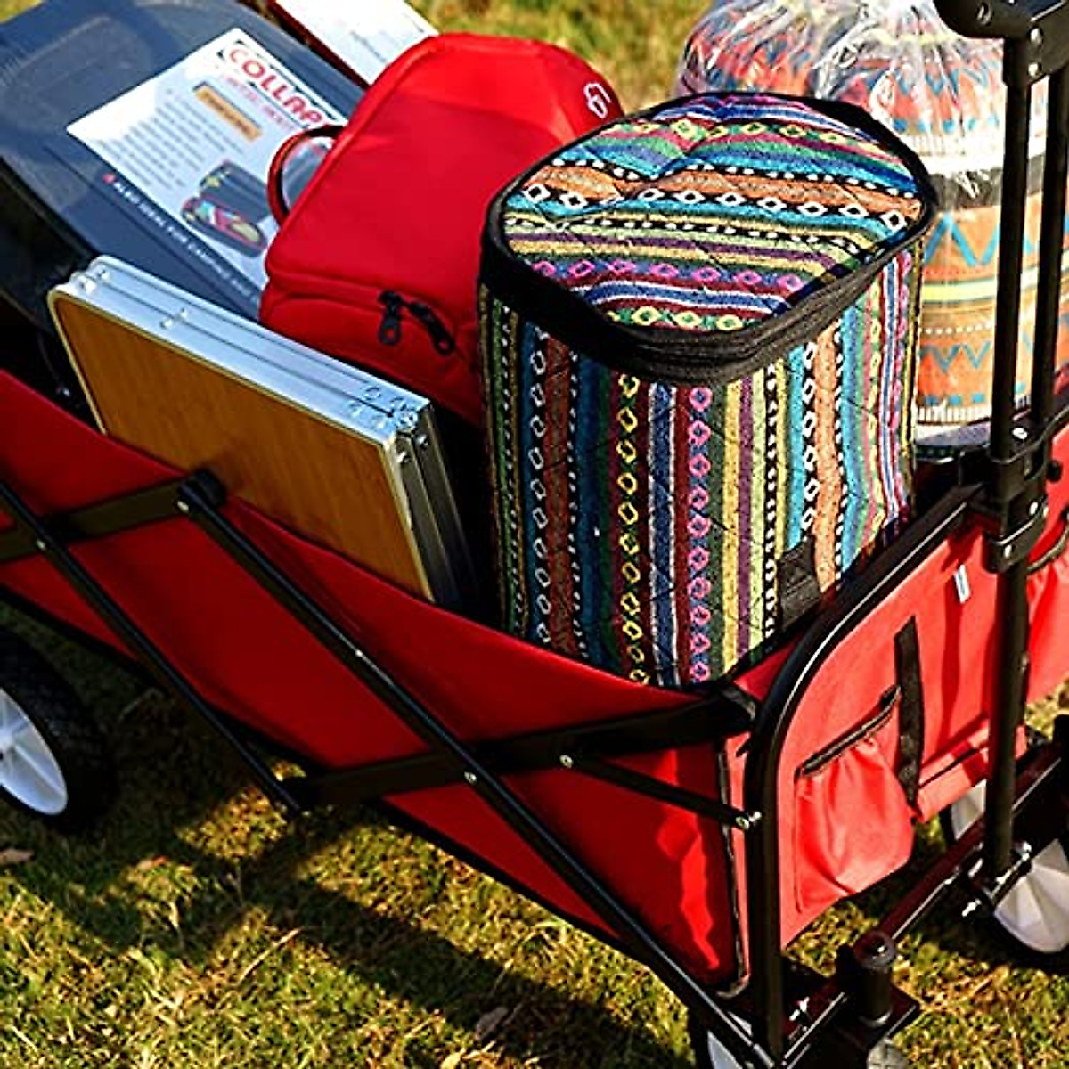 ZHYH Portable Utility Wagon Home Garden Wagon Cart with Storage Basket Folding Cart Camping Cart Outdoor Wagon 4 Wheels Beach Trolley (Color : White-Dinosaur Doodle4)