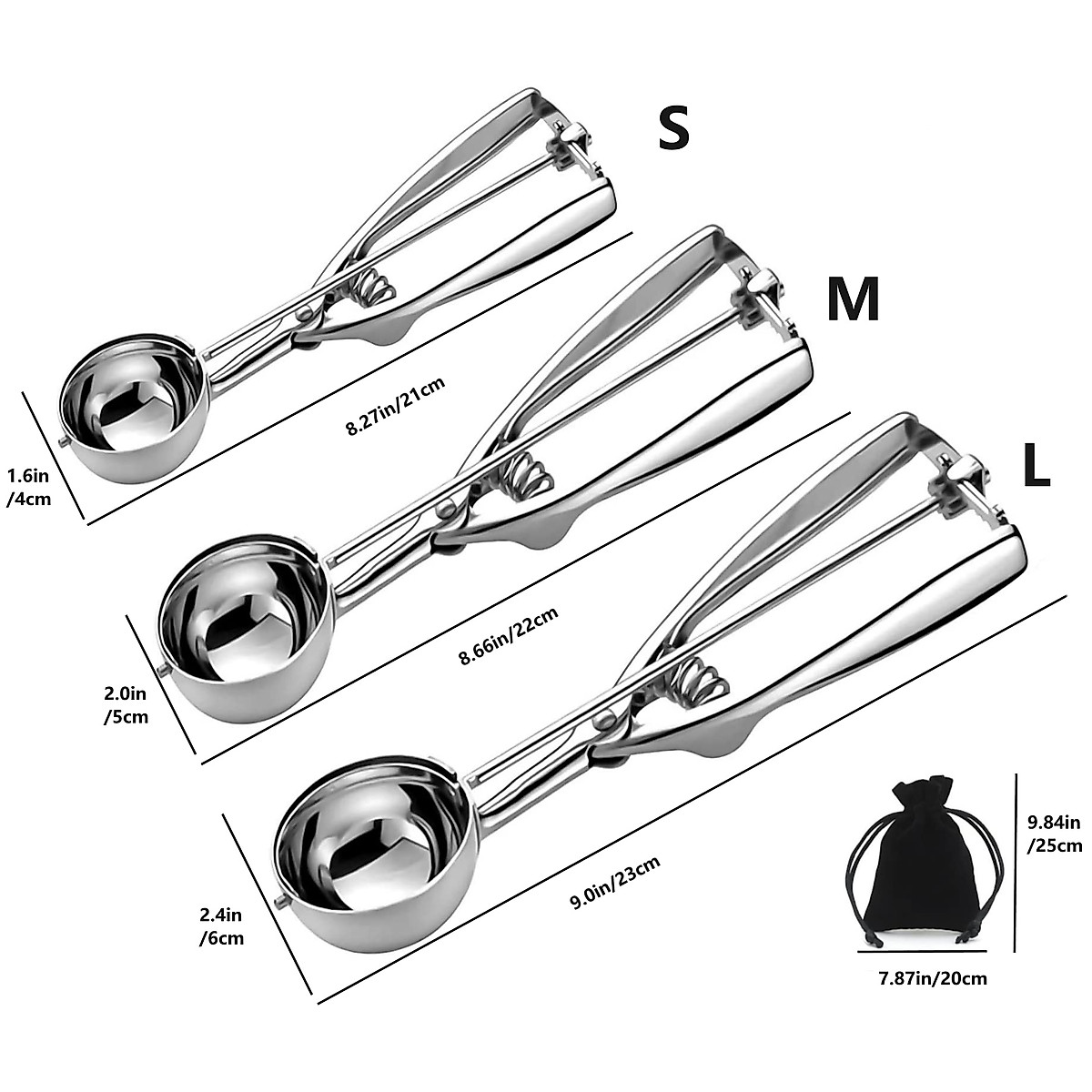 Ice Cream Scoop, 3Pcs Cookie Scoop Set, Stainless Steel Cookie Scoops for Baking Set of 3, Cookie Scooper for Baking, Ice Cream Scooper with Trigger Release, Cookie Dough Scoop, Cupcake Scoop
