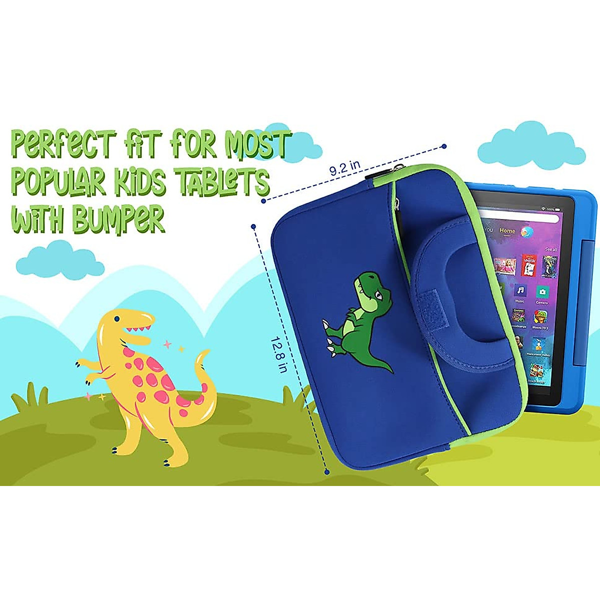 Kids Tablet Carrying Case, 7-10.5 inch Universal Neoprene Zipper Sleeve Tablet Bag Compatible with All Fire Kids, Kids Galaxy and Apple iPad Kids Tablets.(Blue Dino)