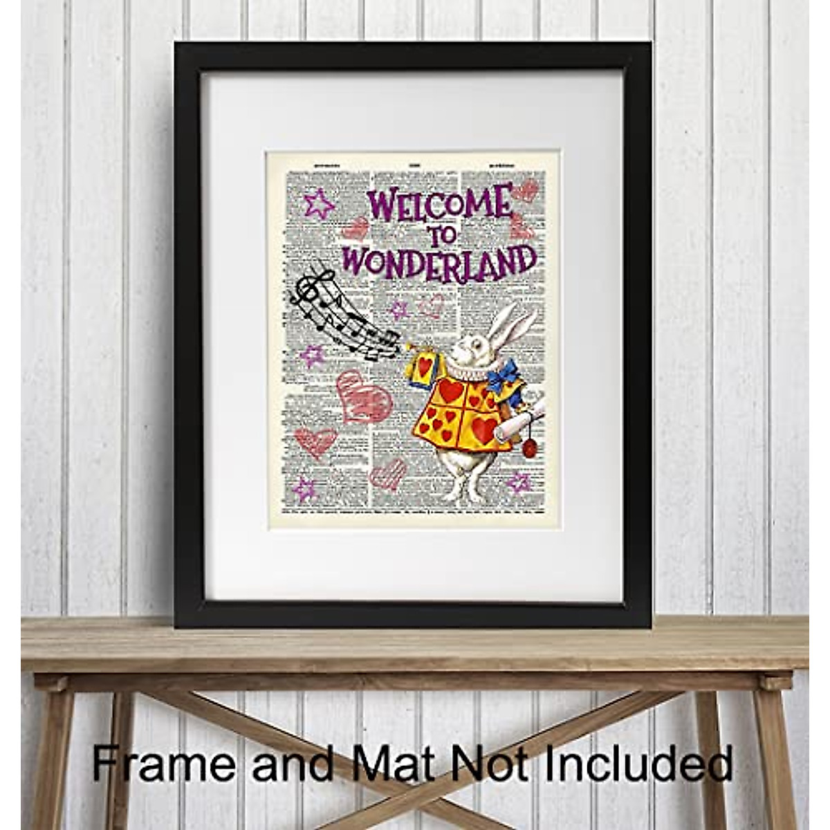 Alice Wonderland Art Print - White Rabbit Upcycled Dictionary Wall Art Poster for Nursery, Kids, Boys, Girls Room - Great Baby Shower Gift - 8x10 Unframed Photo