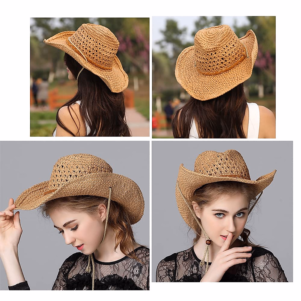 Straw Cowboy Hat Wide Brim Sun Cowgirl Summer Panama with Chin Strap Men Women Sombrero Travel Outdoor Family Khaki, One Size