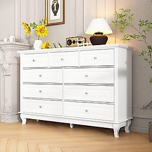 TAMUNE Chest of Drawers 9 Drawer Dresser for Bedroom, Modern White Dresser with Silver Knobs, Wide 9 Drawer Chest with Wood Legs for Bedroom Living Room, 15.7”D x 55.1”W x 37”H