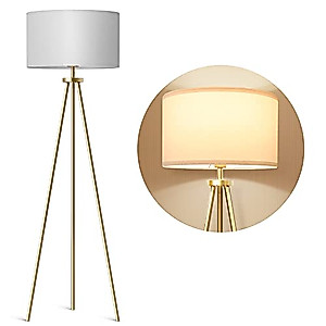 Alldio Tripod Floor Lamps for Living Room, Modern Standing Lamp with Drum Shade, Simple Industrial Tall Lamp, 9W LED Bulb Included - Brass