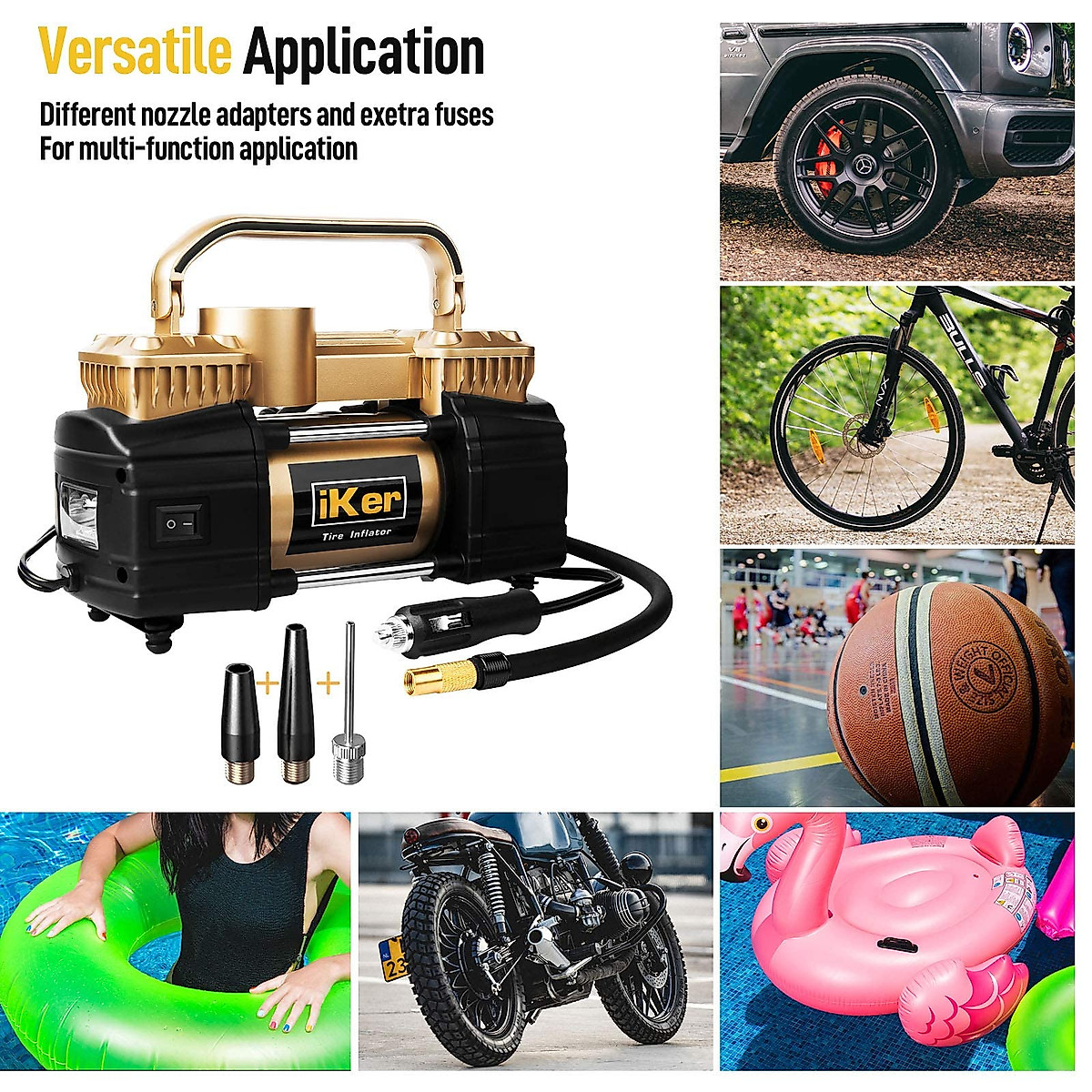 iKer Portable Air Compressor Heavy Duty Tire Inflator for Car, Truck, SUV,12V 70L/Min Double Cylinders Metal Air Pump 150PSI with LED Work Lights,11.5ft Extension Air Hose and Tire Repair Kit