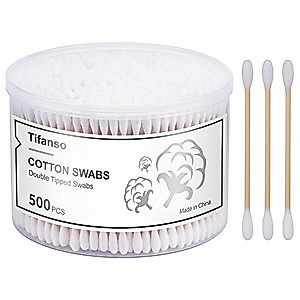 tifanso 500 Count Cotton Swabs, Natural Double Round Cotton Tip Cotton Buds with Strong Wooden Sticks for Ears, Cruelty-Free Ear Swabs, Wooden Cotton Sticks with Storage Box