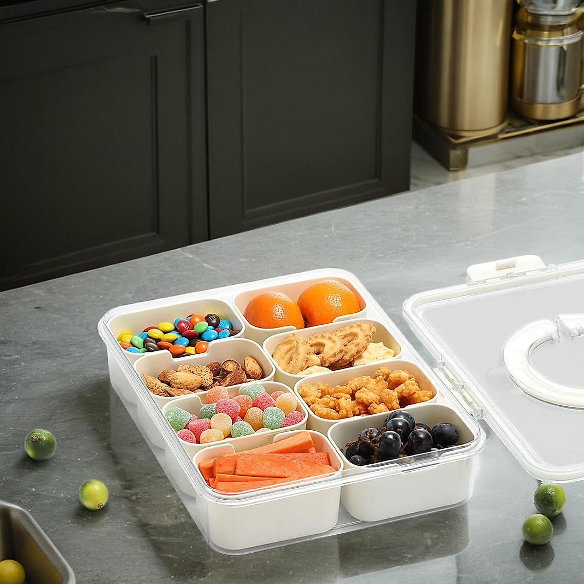 Snackle Box Container with Lid and Handle - 8 Compartments Divided Serving Tray, Portable Travel Snack Charcuterie Organizer for Candy, Fruits, Veggie and Snacks