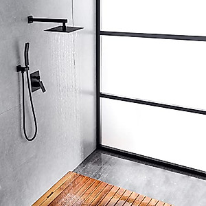 HEGII Shower System Combo Set,15 Inch Wall Mounted Shower Arm,10 inch Rainfall Shower Head System Shower Faucet Rough-in Valve Body and Trim Included,Matte Black
