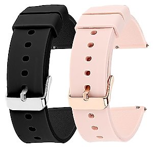 cobee 2 Pcs Silicone Watch Bands, Quick-Release Waterproof Soft Watch Straps with Silver or Gold Stainless Steel Buckle Compatible with Smart Watch Sport Watch Wrist Straps(22mm, Black and Pink)