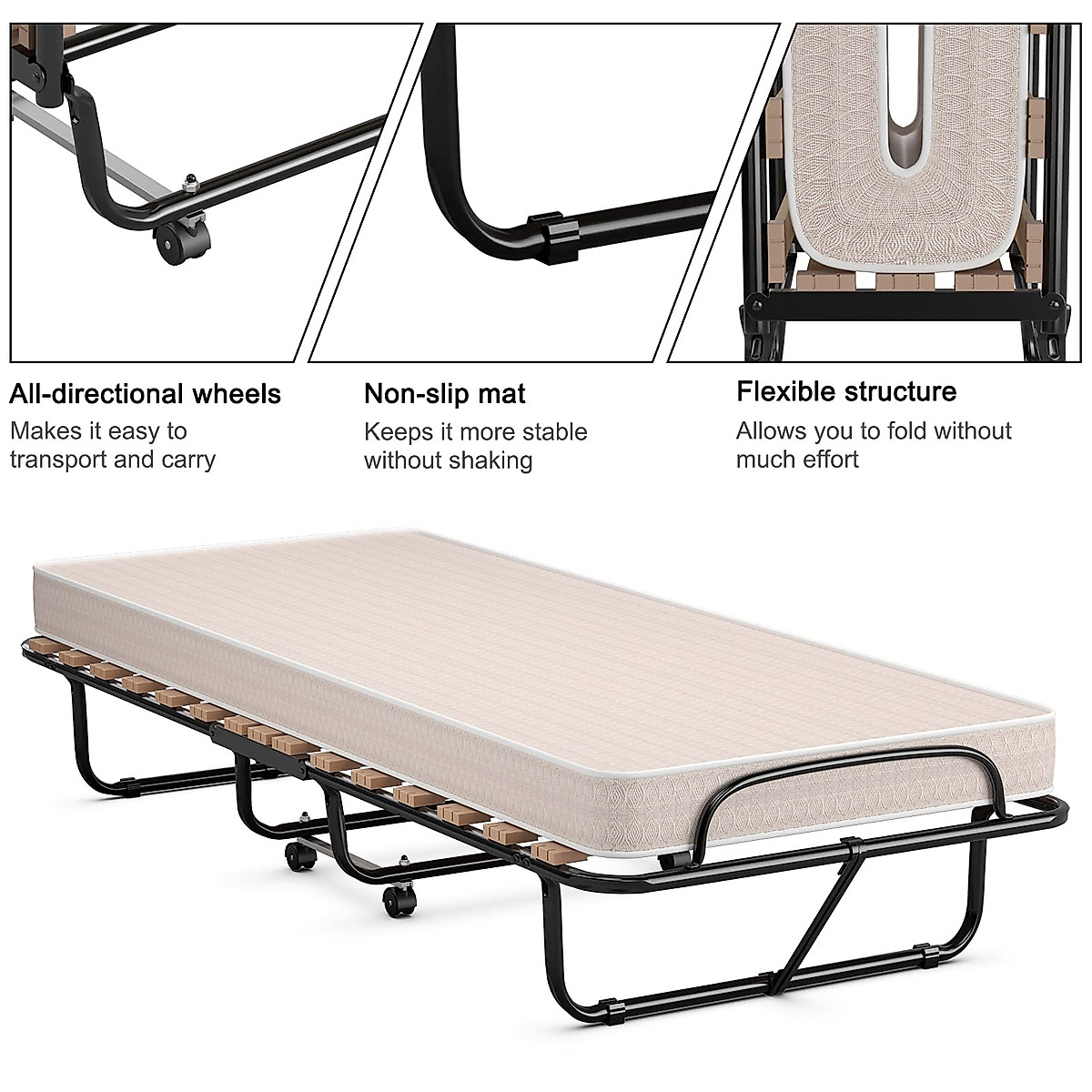KOMFOTT Folding Rollaway Bed with 4" Mattress, Foldable Rollaway Bed with Memory Foam Mattress for Adults, Portable Fold Up Guest Bed with Sturdy Steel Frame on Wheels for Home & Office, Made in Italy