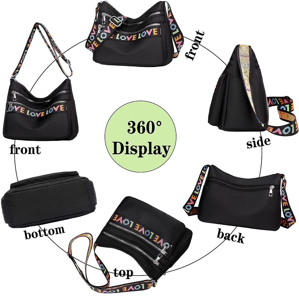 ZEHO Print Multi Pocket Nylon Crossbody Bag for Women Messenger Bags Lightweight Travel Shoulder Bag Waterproof, Love Letter Print