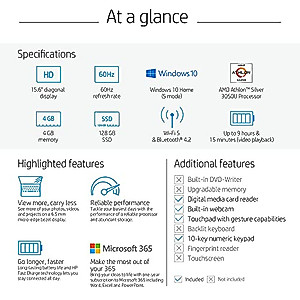 HP 2021 15.6" HD Laptop Computer, AMD Athlon Silver N3050U, 4GB RAM, 128GB SSD, HDMI, USB-C, WiFi, Webcam, Windows 10 S with Office 365 for 1 Year, cm. Accessories