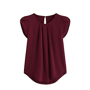 Milumia Womens Casual Round Neck Basic Pleated Top Shirt Curved Keyhole Back Blouse (Burgundy, Small, Cap Sleeve)
