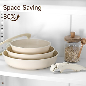 JEETEE Nonstick Frying Pan Set, Non Stick Frying Pans with lid and Detachable Handle, Frying Pan Set with Removable Handle-8 Inch-9.5 Inch-11 Inch, Oven Safe, PFOA Free, Beige