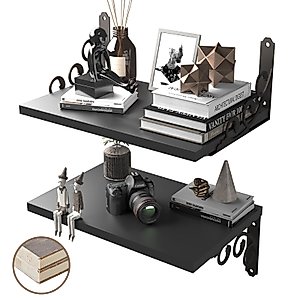 IARTOPS Decorative Floating Shelves for Wall, 12 Inch Deep Wall Mounted Shelves Set of 2, Wide Storage and Display Shelf with Brackets for Living Room, Bedroom, Bathroom, Office and Books, Black