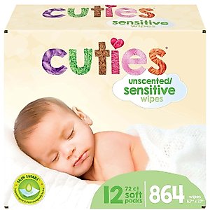 Cuties Baby Wipes | Unscented & Hypoallergenic | 12 Soft-Packs | 864 Total Wipes