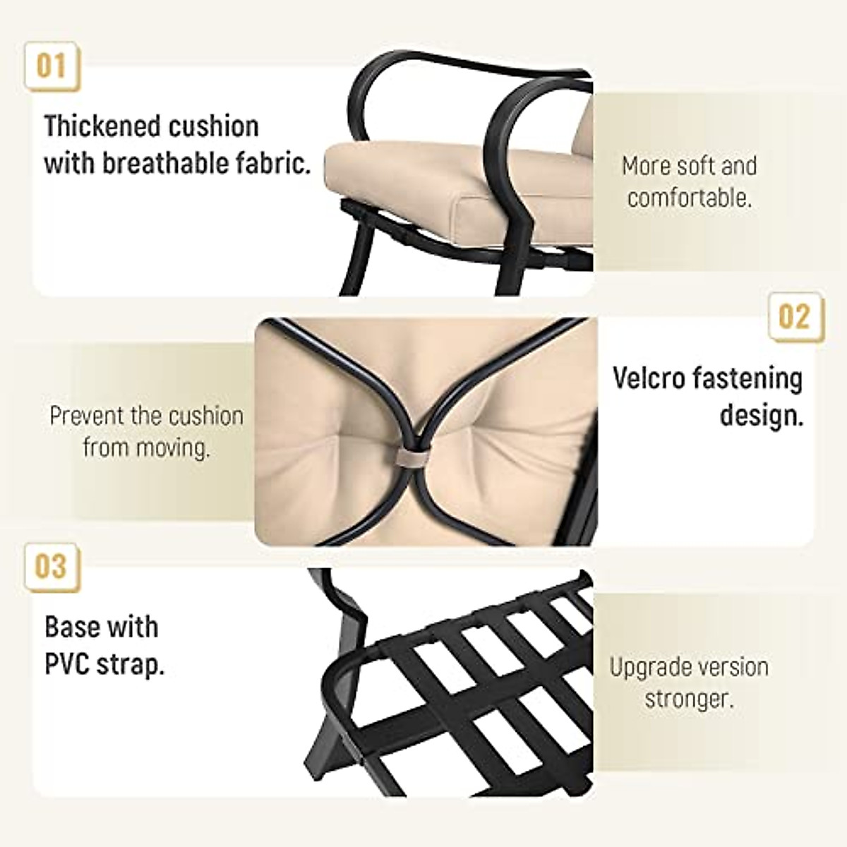 SOLAURA 3-Piece Outdoor Rocking Chairs Bistro Set, Black Iron Patio Furniture with Brown Thickened Cushion & Glass-Top Coffee Table