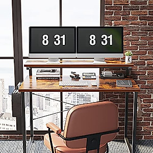 ODK Computer Desk with Adjustable Monitor Shelves, 40 inch Home Office Desk with Monitor Stand, Writing Desk, Study Workstation with 3 Heights (10cm, 13cm, 16cm), Rustic Brown