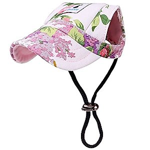 Pawaboo Dog Baseball Cap, Adjustable Dog Outdoor Sport Sun Protection Baseball Hat Cap Visor Sunbonnet Outfit with Ear Holes for Puppy Small Dogs, XL, Floral Purple