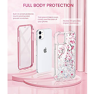Caka Case for iPhone 11 Glitter Case Flower Bling Liquid Protective Full Body Heavy Duty with Built in Screen Protector Love Glitter Pink Blossom for Women Girl Case for iPhone 11 (6.1 inch)(Cherry)