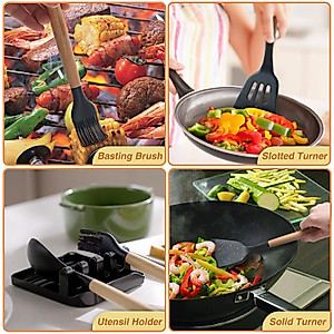 40 Pcs Cooking Utensils Set with Apron Silicone Turner Tong Spatula Spoon Kitchenware Organizer, BPA Free, Non-stick Heat Resistant Kitchen Gadgets Cookware with Natural Wooden Handle, Black