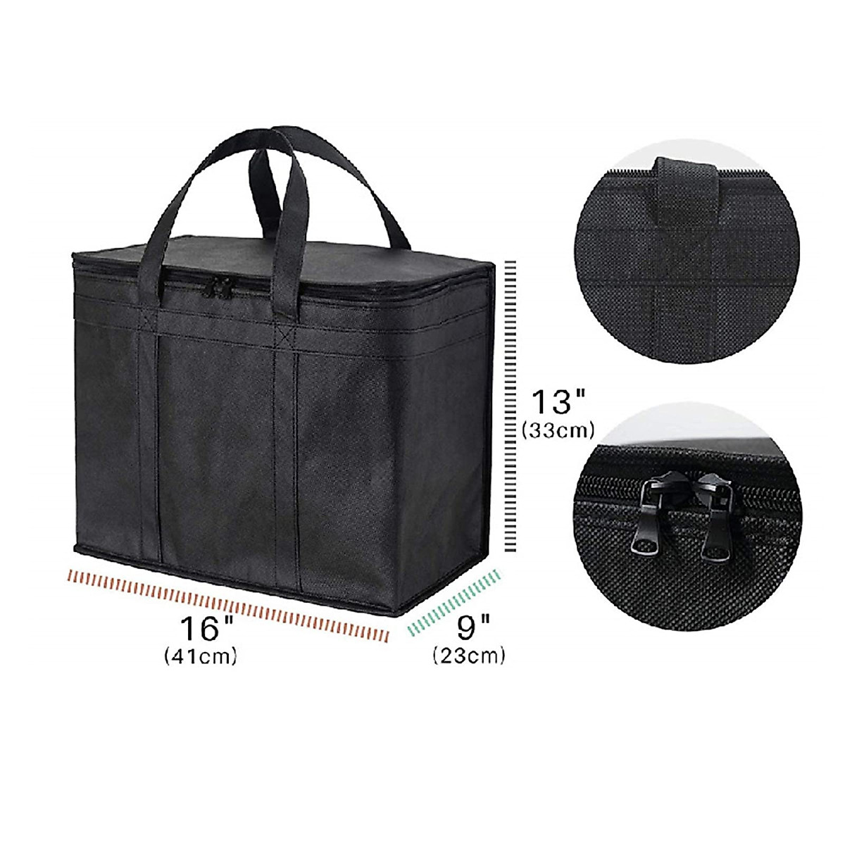 XL- Large insulated bags for food delivery with the bottom plate, reusable insulated shopping bags, 16x9x13 inches, The ideal pizza delivery bag. Black (Pack of 2)