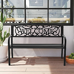 Giantex Garden Bench, Antique Metal Outside Bench w/Warm Welcome Pattern, Elegant Bronze Finish and Durable Iron Frame for Park Yard Porch Chair (Black)