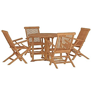 vidaXL 5 Piece Folding Patio Dining Set in Solid Teak Wood - Round Table, 4 Chairs, Outdoor Al Fresco Dining, Garden Patio Furniture, Portable and Foldable Design, Sturdy Wooden Frame