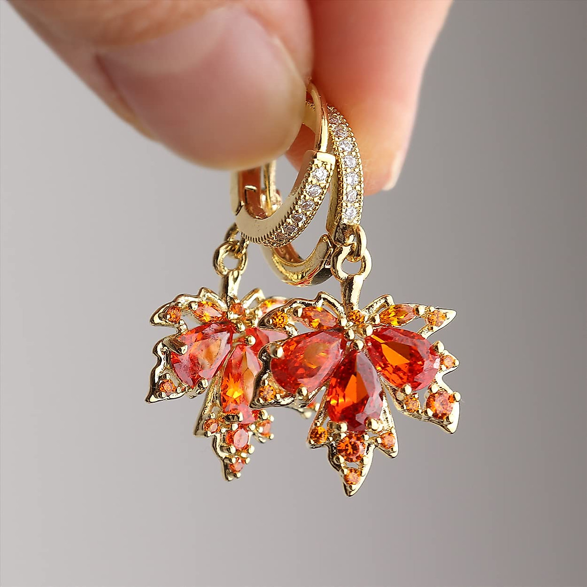 Sonateomber Orange Maple Leaf Dangle Drop Small Gold Hoop Huggie Earrings for Women, Cute Sparkly Crystal Cubic Zirconia Rhinestone Fall Autumn Holiday Accessories Jewelry Gift