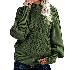 Casual Knitted Sweater Tops for Women Cable Knit Lantern Sleeve High Neck Sweaters Fall Winter Warm Pullover Jumpers Army Green
