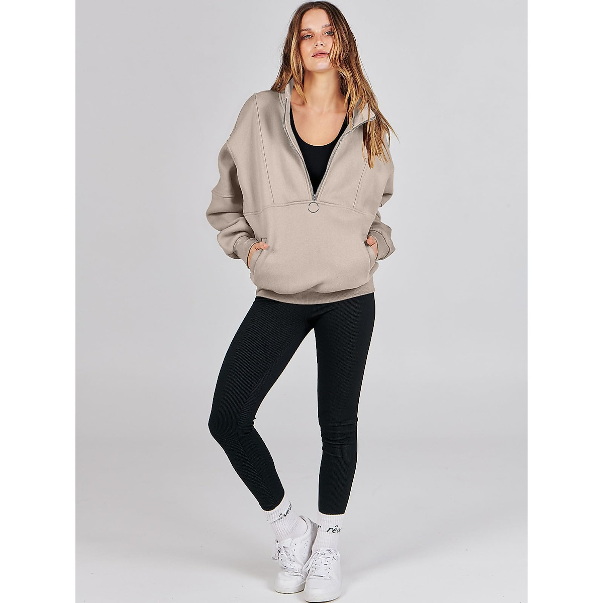 ANRABESS Women's Oversized Half Zip Fleece Sweatshirts Quarter Zip Pullover Top Fall 2024 Outfits Trendy Clothes Light Brown X-Large