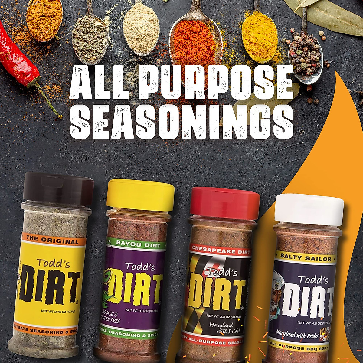 Todd’s DIRT - All Purpose Seasoning & BBQ Rub 4 Pack Sampler Set, Gourmet Seasonings and Rubs that are GREAT ON EVERYTHING, Low Sodium and 100% All Natural With No MSG & Gluten-Free
