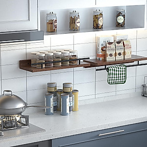 Rustic Floating Shelves for Wall, 15.6in Wall Shelves for Room Wall, Wall Mounted Shelves with Black Metal Guardrail, Wood Shelves for Bedroom, Bathroom Wall shelf for Wall Decor, Dark Brown, Set of 3