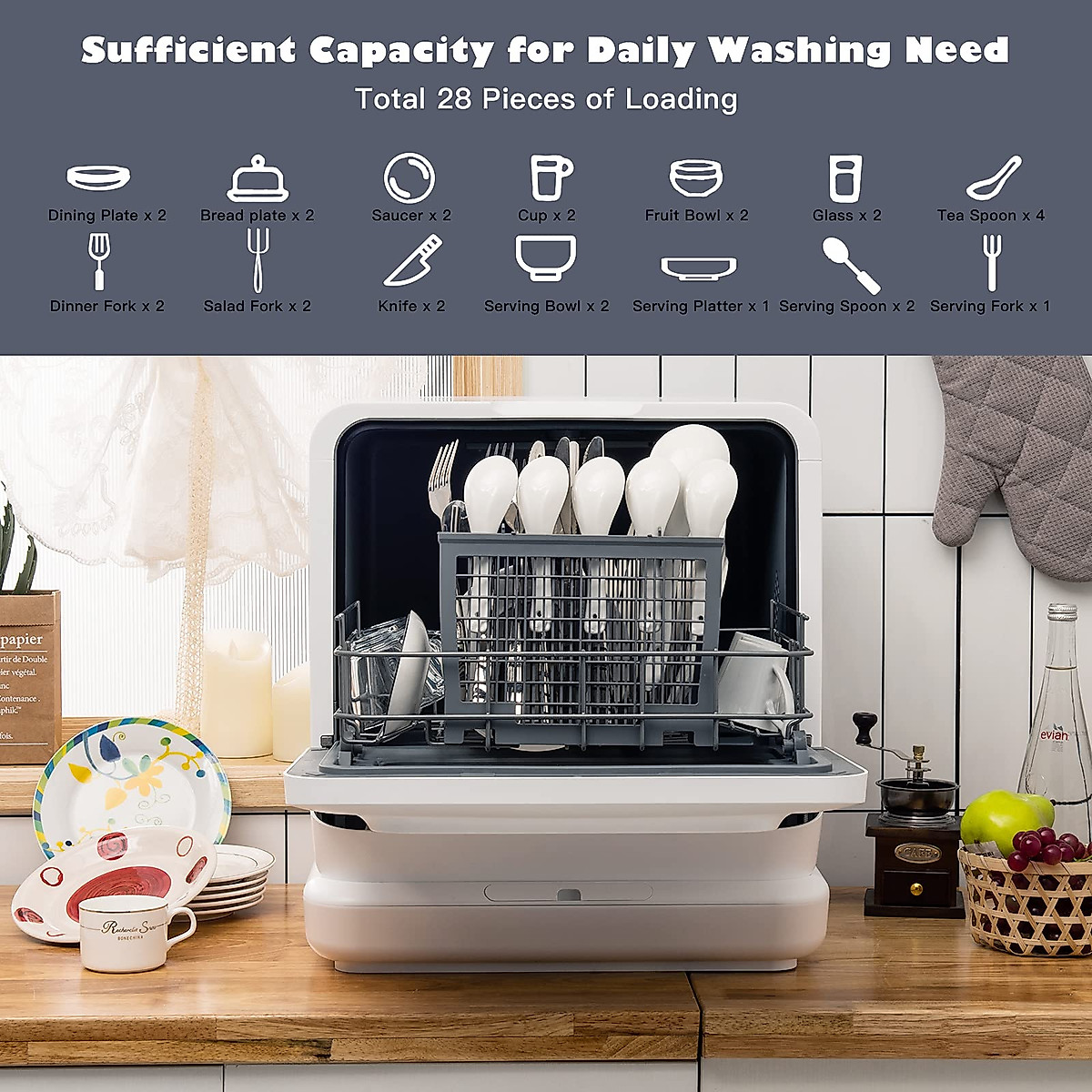 COSTWAY Portable Countertop Dishwasher, Compact Dishwasher with 7.5 L Built-in Water Tank, 360° Dual Spray Arms, 5 Washing Programs, Air-Dry Function, Child Lock, Mini Dishwasher for Apartment, RV