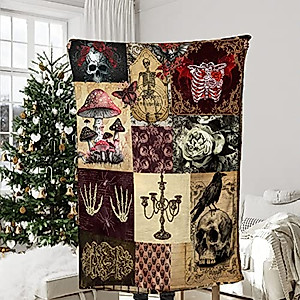 Retro Collage Gothic Blanket Gifts for Girls Boys, Anxiety Rose Skull Butterfly Skeleton Throw Blanket for Adults,Soft Lightweight Flannel Fleece Mushroom Blankets Bedding for Sofa Bed 80x60In