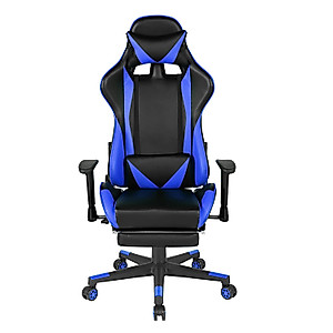 HOMEMAKE FURNITURE Gaming Chair, Racing Office Computer Game Chair, Ergonomic Game Chair, Racing Style with 90° Adjustable Reclining Chair and Retractable footrest, Blue and Black